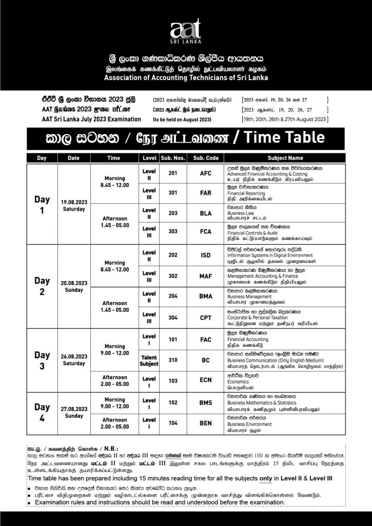 2023 ජූලි AAT විභාගයේ කාලසටහන (අගෝස්තු)